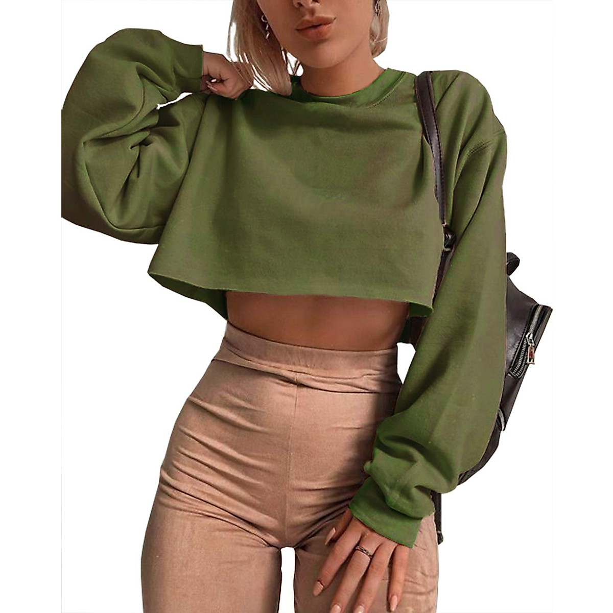 Artfish Women's Crewneck Long Sleeve Crop Tops Workout Casual Pullover Loose Sweatshirts (ArmyGreen,M)