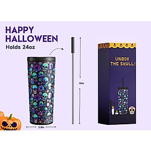 Meoky 24 oz Halloween Tumbler with Lid and Straw, Stainless Steel Vacuum Insulated Tumbler, Keeps Cold for 24 Hours, 100% Leak Proof, Fits in Car Cup Holder (Black Skull)