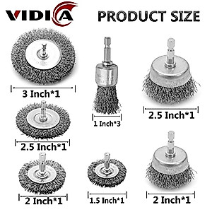VIDICA Wire Brush for Drill Set 9Pcs,Abrasive Wire Wheel for 1/4 Inch Hex Shank, Wire Cup Brush for Drill, Coarse Crimped Carbon Steel Wire Brush Set for Removing Paint and Rust