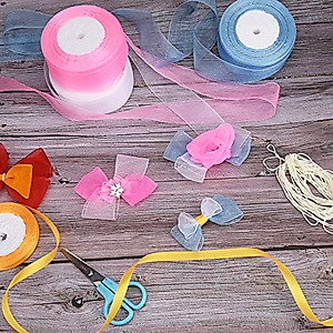 Livder 3 Rolls Sheer Chiffon Ribbons 1.5 Inches x 49 Yards/Each Roll for Wedding Gift Wrapping Home Decorations (Blue, White, Pink)