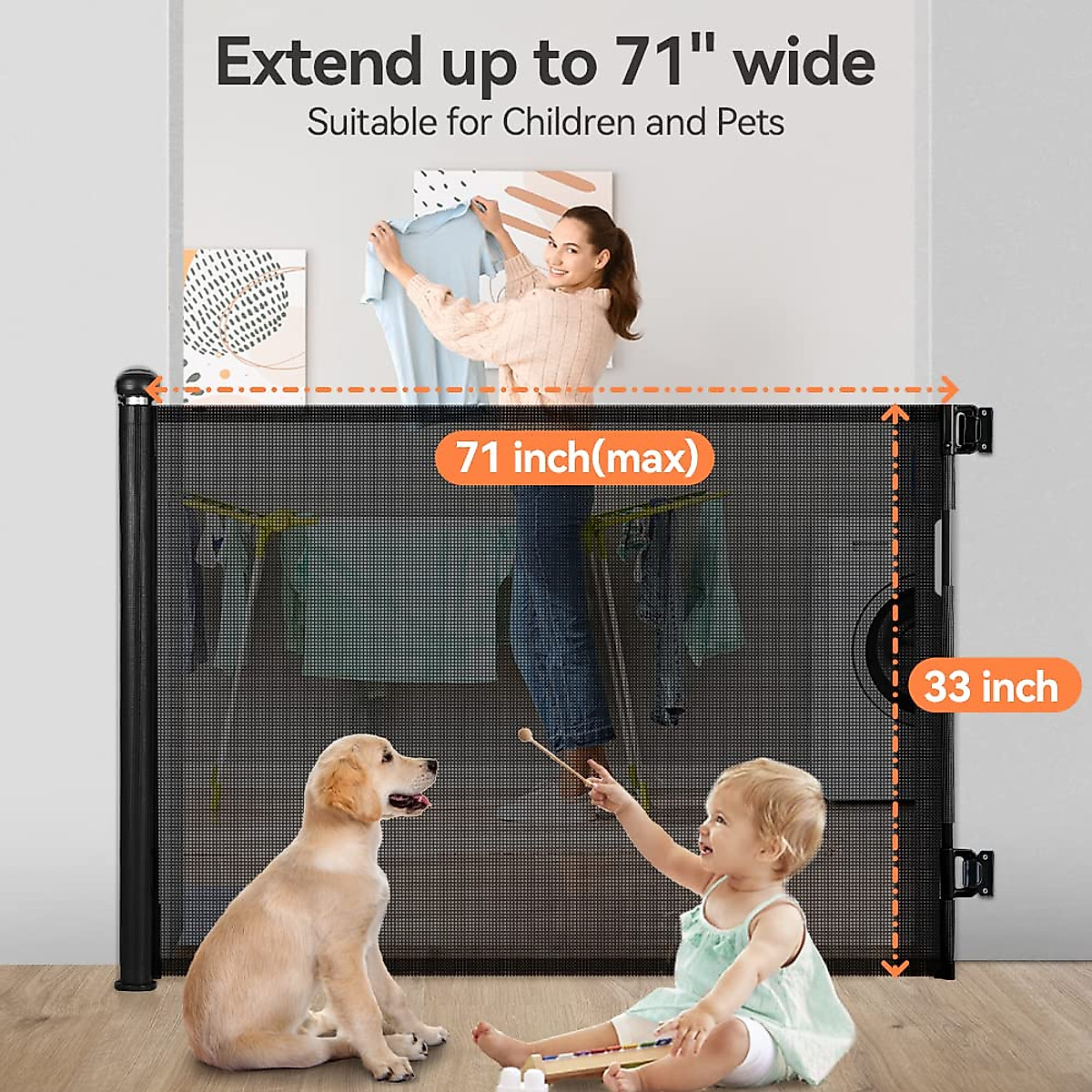 COMOMY Retractable Baby Gate for Stairs, 0-71" Mesh Dog Gate for House Doorways Hallways, 33" Tall Extra Wide Child Safety Gate for Kids Pets, Indoor and Outdoor (Black)