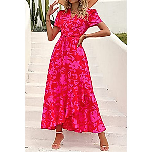 PRETTYGARDEN Women's Summer Wrap Maxi Dress Casual Boho Floral V Neck Short Sleeve Ruffle Hem Split Beach Long Dresses (Red Floral,X-Large)