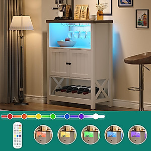 YITAHOME Sideboard Buffet Cabinet with Light, 31.5'' Farmhouse Coffee Bar Cabinets with Storage, Wine Bar Cabinet for Home with Wine Rack and Glass Holder (White Oak)