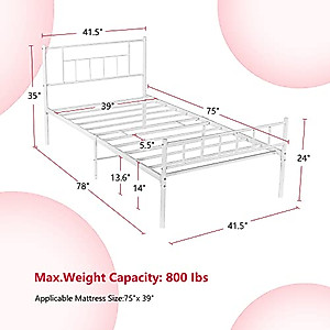 4 EVER WINNER Twin Metal Bed Frames, 14 Inch Twin Bed Frames with Headboard and Footboard, Platform Bed Frame with Storage, No Box Spring Needed, Mattress Foundation, Easy Assembly. White
