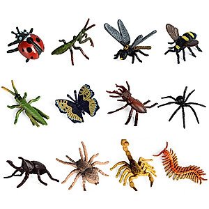 RCOMG 12 PCS Small Realistic Insects Figures Toys, Plastic Wildlife Animal Fake Bug Toys Halloween Party Favor School Project Bug Figurines Set for Kids Toddlers