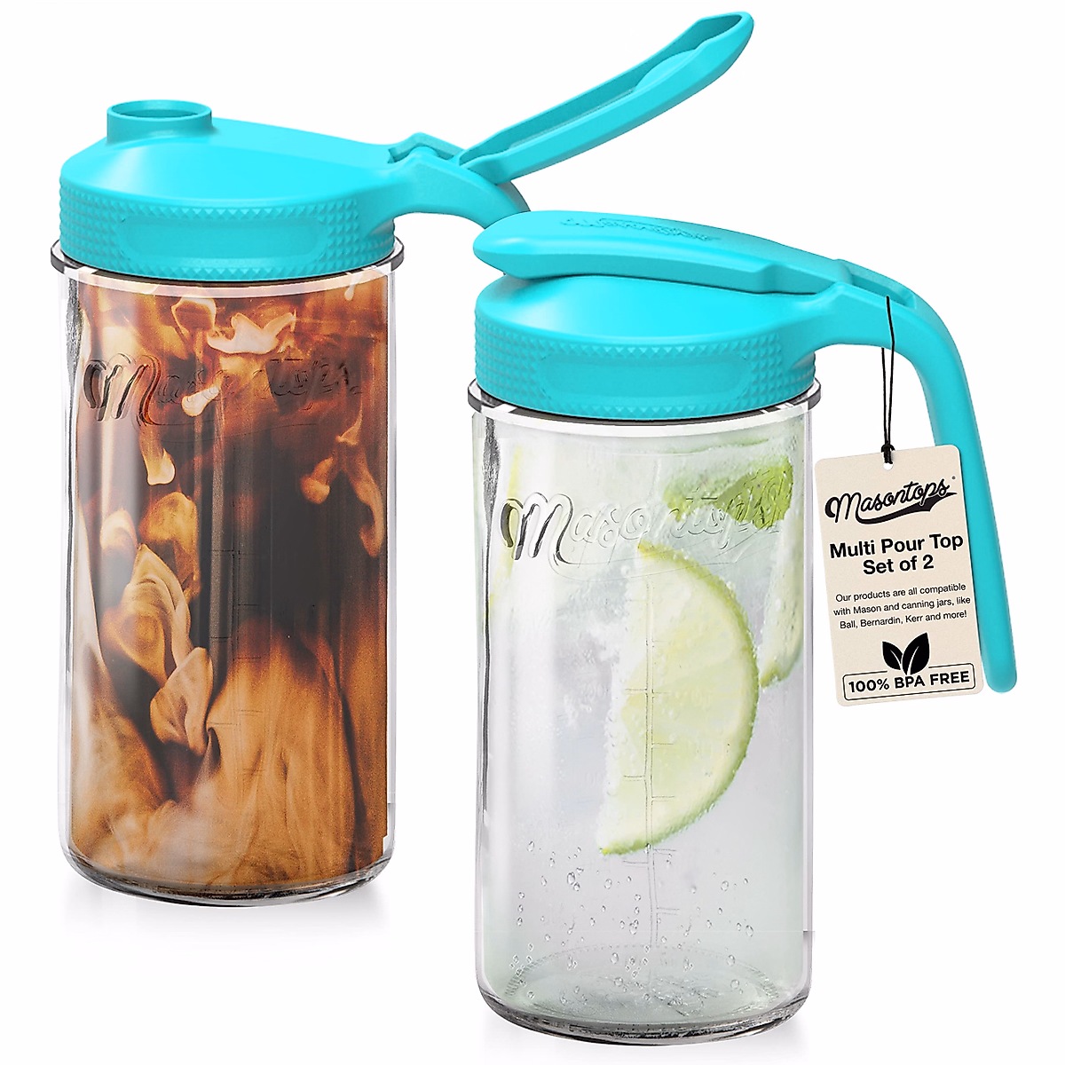 Masontops Multi Top Pitcher Set - Glass Pitcher With Lid & Spout - Elegant Sun Tea Jar - Cold Brew Mason Jar With Handle - 2 X 24 Ounce Wide Mouth Iced Coffee Bottle - Liquid & Food Storage Container