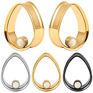 Atomhole 2PCS Teardrop Opal Ear Plugs Tunnels Hypoallergenic Ear Gauges 316 Stainless Steel Ear Expander for Stretchered Earrings Piercing Body Jewelry