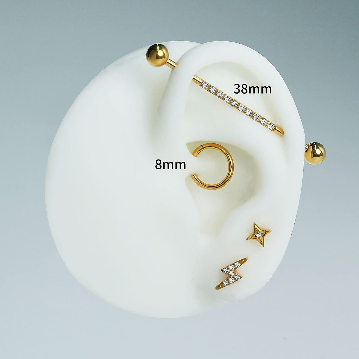 FINE4U Gold Industrial Piercing Jewelry 14G 36mm 1pc - ASTM F136 Titanium Industrial Barbell, Industrial Earrings, Cartilage Body Piercing Jewelry with CZ (1 & 2/5 Inch)