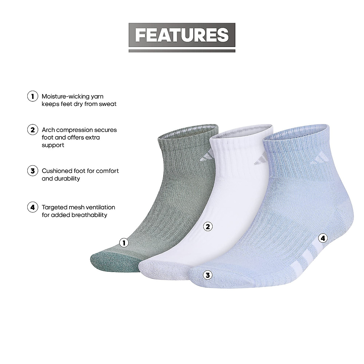 adidas Men's Cushioned Quarter Socks (3-Pair), Blue Dawn/White/Silver Green, Large