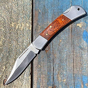Rtek 3.75" Spanish Brown Wood Handle Pocket Knife, Lockback Traditional Folding Knife for Outdoor, Survival, EDC, Camping, and Every Day Carry, Gifts for Men