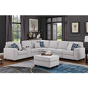 YOPTO Linen Upholstered Sectional Sofa with Removable Ottoman,U-Shape 6 Seat SectionalCouch W/Cupholder Console Part and USB Port for Living Room,Apartment, Spacious Space,Light Gray