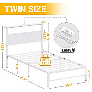 Weehom Twin Bed Frames with Headboard Shelf Storage, Wood Twin Bed Frame with Charging Station and LED Lights, No Box Spring Needed Twin Size Metal Bed Frame for Kids Students, White