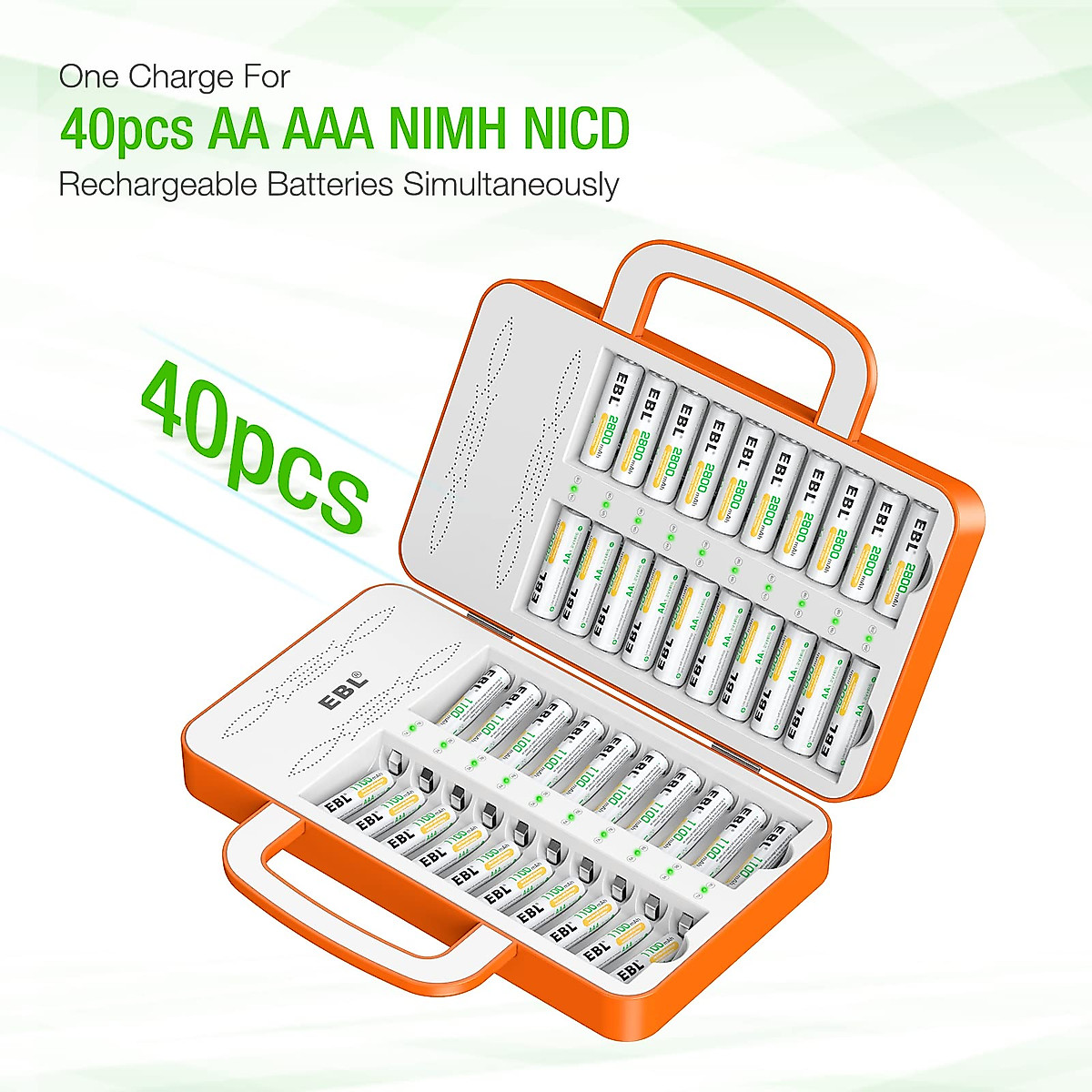 EBL 40Slot Battery Charger for 1/2/3...19/20/21...38/39/40 pcs AA AAA Rechargeable Batteries - Advanced Multiple Battery Charger - Handle Design(Batteries not Included)