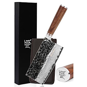 YOUSUNLONG Meat Cleaver 7 inch Vegetable Cleaver Japanese Hammer Damascus Steel - Natural Walnut Wooden Handle with Leather Sheath