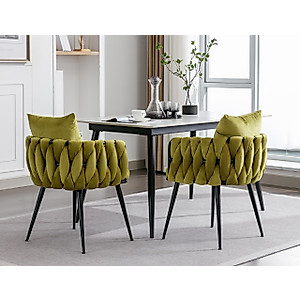 INMOZATA Mid Century Modern Dining Chairs Set of 2, Hand Weaving Accent Chairs Living Room Chairs, Upholstered Velvet Armchair with Metal Legs for Dining Room Kitchen Living Room Vanity,Olive Green