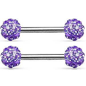 Body Accentz Nipple Ring Crystal Paved Ferido Balls 316L Surgical Steel Nipple Bar Pair(Purple)