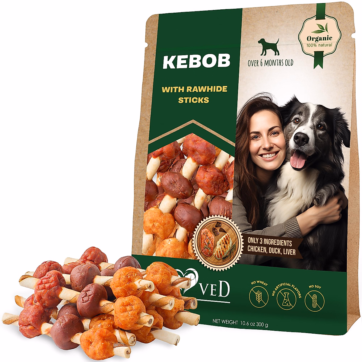 Kabobs Dog Rawhide Treats with Duck & Chicken Human Grade Meat - All Natural & Organic Dried Snacks - Grain Free Long Lasting Chews for Large & Small Dogs - Best Sticks for Training & Healthy Teeth