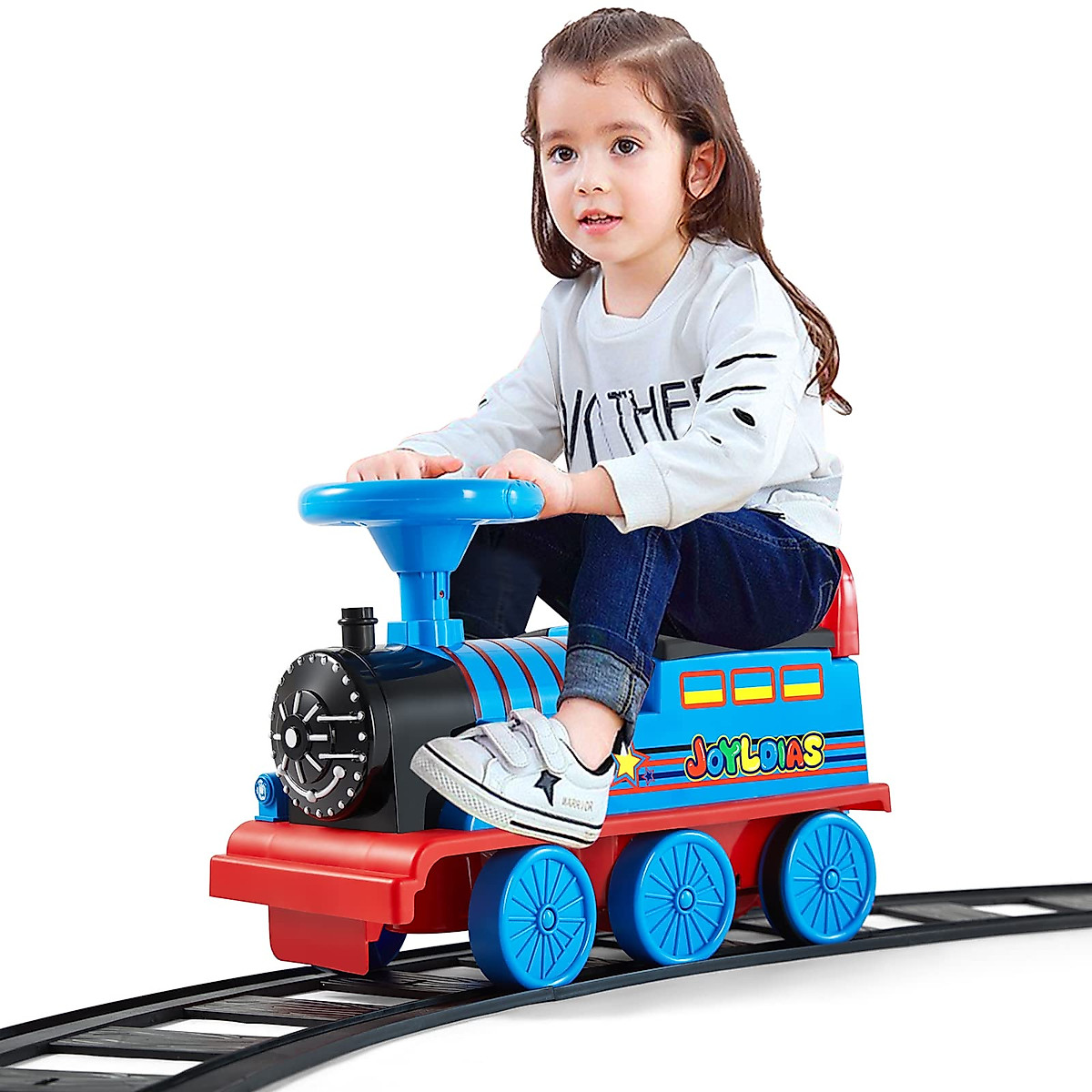 JOYLDIAS Ride On Train with 16pcs Curved Tracks, 6V Electric Ride On Toy Trains with Lights, Horns, Storage, Retractable Foot Pedals, Gift for Toddlers Under 39 inches, Blue