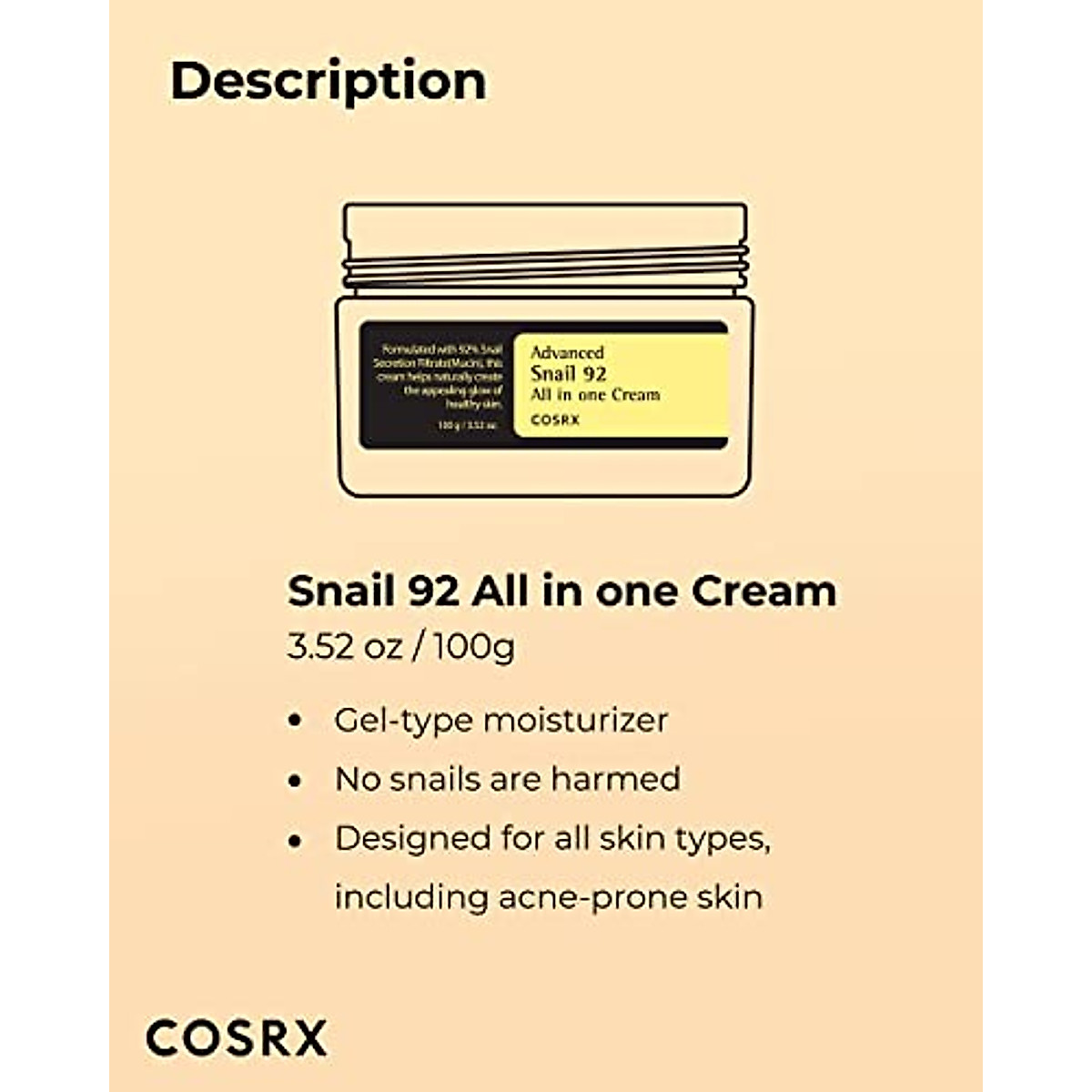 COSRX Snail Mucin 92% Repair Cream 3.52 oz, 100g, Daily Face Gel Moisturizer for Dry Skin, Acne-prone, Sensitive Skin, Not Tested on Animals, No Parabens, No Sulfates, No Phthalates, Korean Skincare
