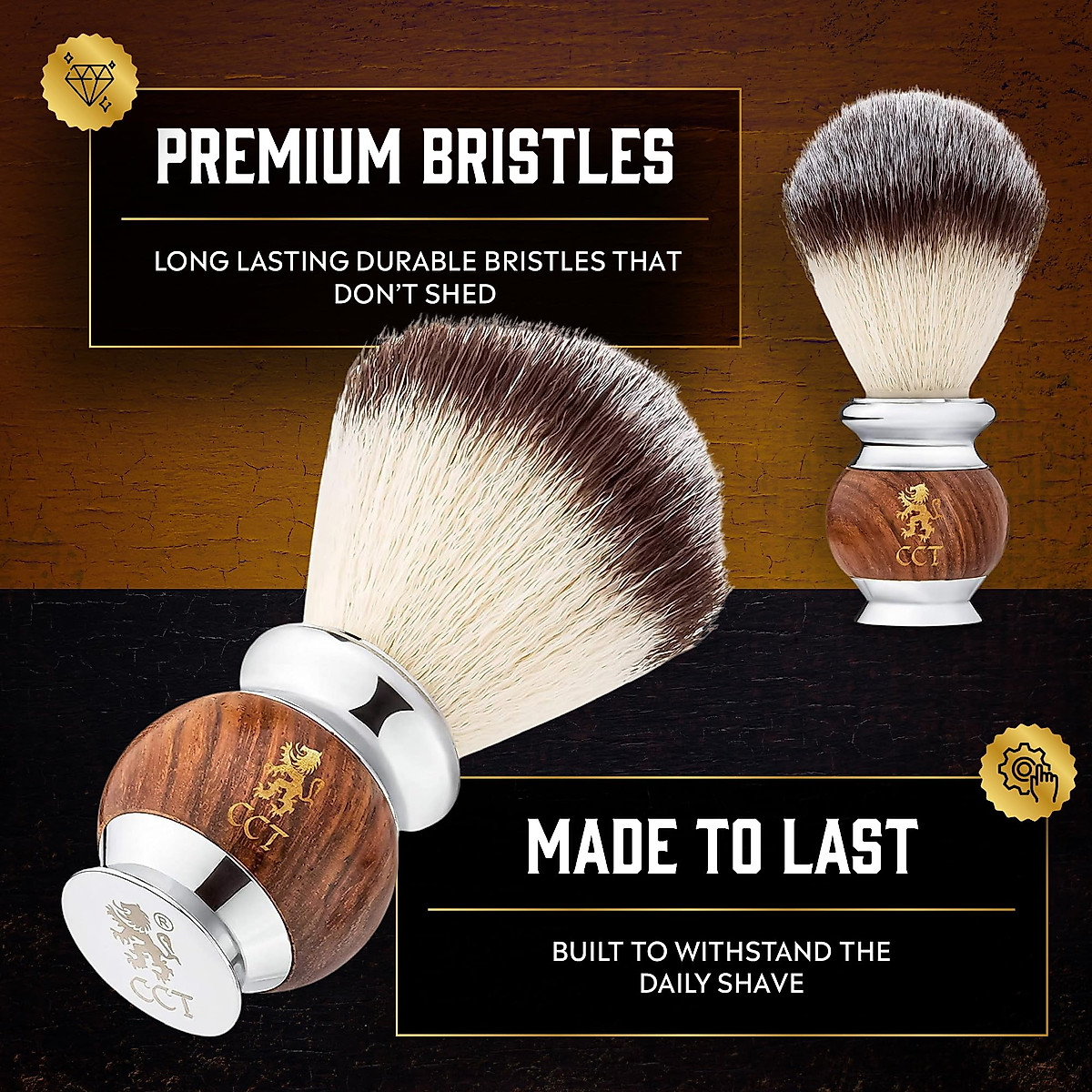 The Cambridge Cut Throat® Luxury Missanda Hardwood and Stainless Steel Men's Shaving Brush for Soap, Foam or Cream with Premium Synthetic Silvertip Vegan Friendly Badger Bristles Male Grooming Present