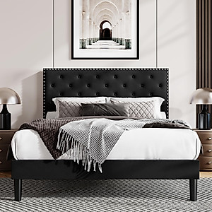 Allewie Full Size Velvet Upholstered Platform Bed Frame with Adjustable Diamond Button Tufted and Nailhead Trim Headboard, Wood Slat Support, Easy Assembly, No Box Spring Needed, Black