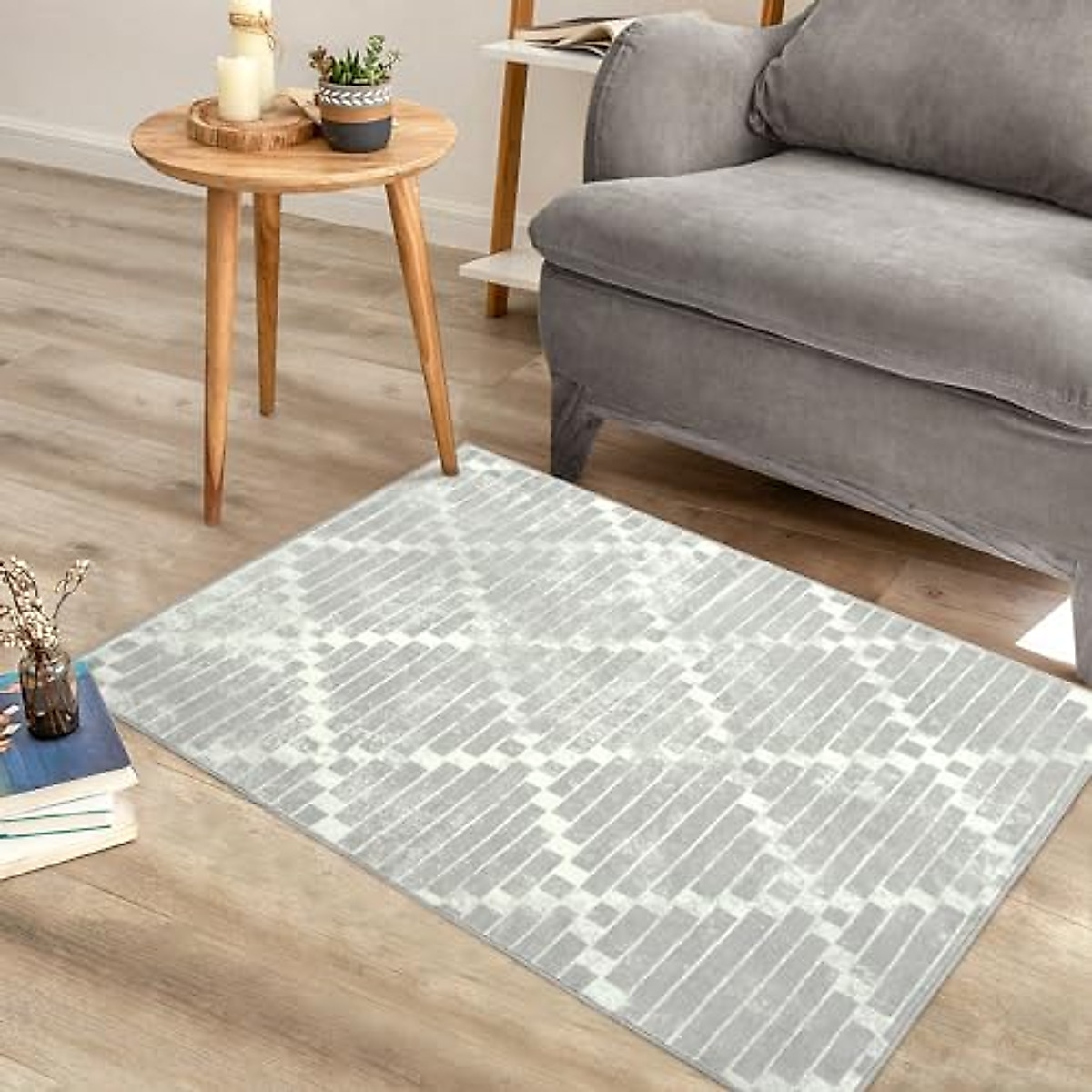 ROYHOME Washable Area Rug Entryway Small Rug Non-Slip Diamond Distressed Accent Rugs Modern Geometric Floor Carpet for Door Mat Bedroom Kitchen Living Room Rug, Grey, 2' x 3'
