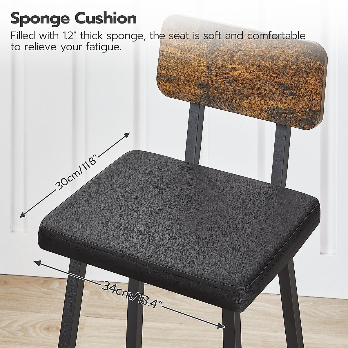 HOOBRO Bar Stools, Bar stools Set of 2 PU Upholstered Tall Bar Chairs, Barstools with Backrest and Footrests, for Kitchen, Dining Room,Bar, Cafe, Rustic Brown and Black BF84BY01