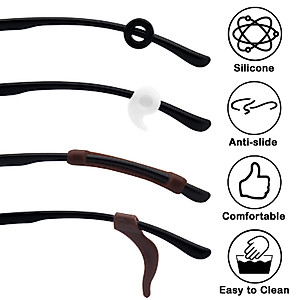 Benvo 12 Pairs Eyeglasses Retainers Silicone Glasses Temple Holders Anti-slip Protectors Comfort Eyewear Spectacle Stay Put Glasses Stoppers for Sport, Study(4 Variety Designs in Black, Clear, Brown)