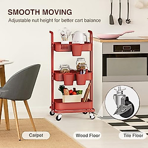 DTK 3 Tier Foldable Rolling Cart, Metal Utility Cart with Lockable Wheels, Folding Storage Trolley for Living Room, Kitchen, Bathroom, Bedroom and Office, Red