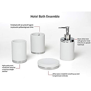 Roselli Trading Company 4pc - Hotel Bath Bathroom Accessory Set - Toothbrush Holder, Tumbler, Soap Dish, and Lotion Pump