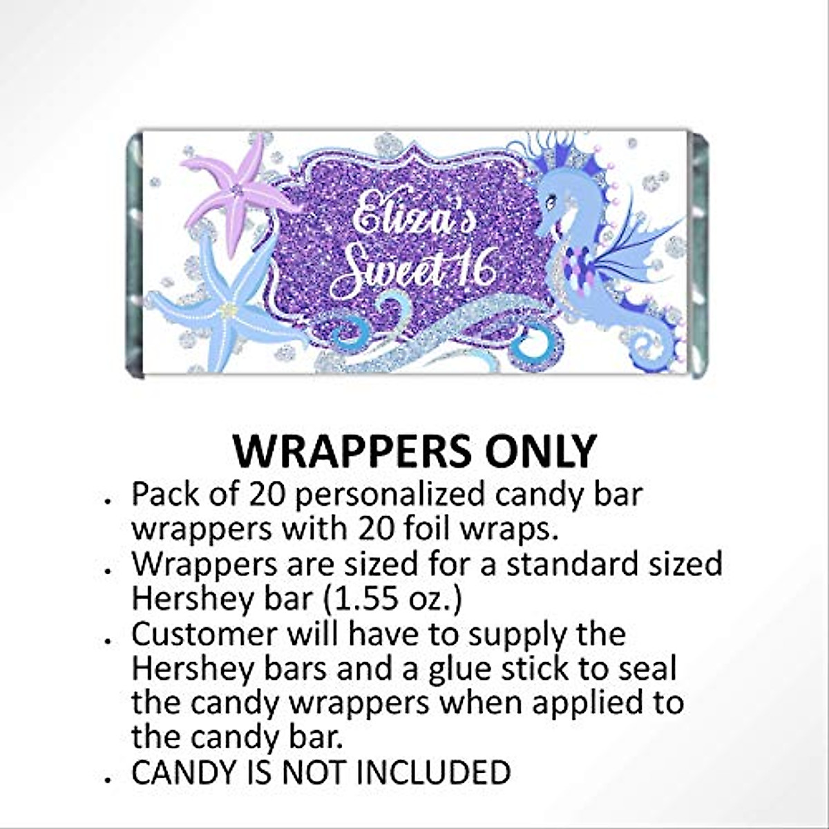 Starfish Personalized Candy Wrappers for Chocolate, Under the Sea Party Favors, Pack of 20, Custom Hershey Bar Labels