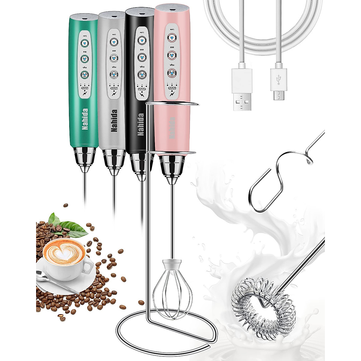 Nahida Pink Milk Frother Wand for Coffee, Frother Handheld with Stand Rechargeable Electric Whisk with 3 Heads 3 Speeds Drink Mixer Coffee Frother Foam Maker For Latte, Cappuccino, Hot Chocolate, Egg