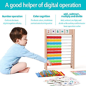 Tomlive Preschool Learning Toy, Wooden Abacus for Kids Math, 10-Row Wooden Frame with Multi-Color Beads, Counting Sticks, 1-100 Number Alphabet Cards, Montessori Toys for Toddler 3 4 5 6 Year Old Gift