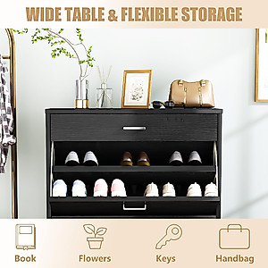 AWQM Shoe Storage Cabinet for Entryway, Free Standing Shoe Organizer with 2 Flip Drawers，Hidden Shoe Rack Storage Organizer for Doorway Hallway Closet, Black