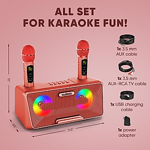 MASINGO Karaoke Machine for Adults and Kids with 2 Wireless Microphones, Portable Bluetooth Singing Speaker, Colorful LED Lights, PA System, Lyrics Display Phone Holder, and TV Cable. Presto G2 Pink
