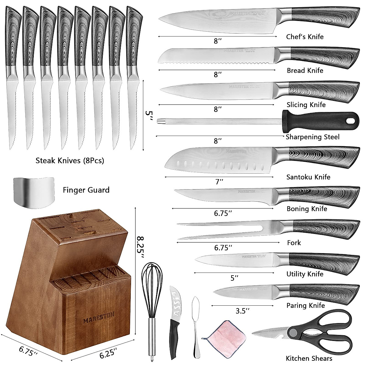 Kitchen Knife Set with Block - 24 pcs Home Essentials High Carbon German Stainless Steel Knives Set, Professional Chef Knife Set with 8 Steak Knives, Sharpener, Carving Fork & Shears