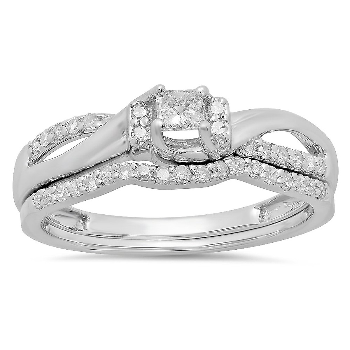 Dazzlingrock Collection 0.40 Carat (Cttw) 10k Princess and Round Diamond Women Swirl Wave Engagement Ring Set, White Gold, Size 6