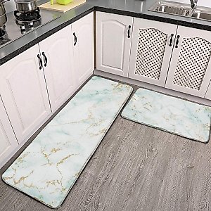 Mouthdodo 2 Pcs Kitchen Rug Set, White Mint Green Marble Gold Gray Glam Non-Slip Kitchen Mats and Rugs Soft Flannel Non-Slip Area Runner Rugs Washable Durable Doormat Carpet, OneSize