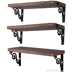 Floating Wall Shelves Set of 3, 16-Inch Solid Wood Floating Shelves Cat Climbing, Wall Mounted Shelf Organizer for Living Room, Bedroom, Kitchen, Bathroom, Office (Carbonized-Brown)