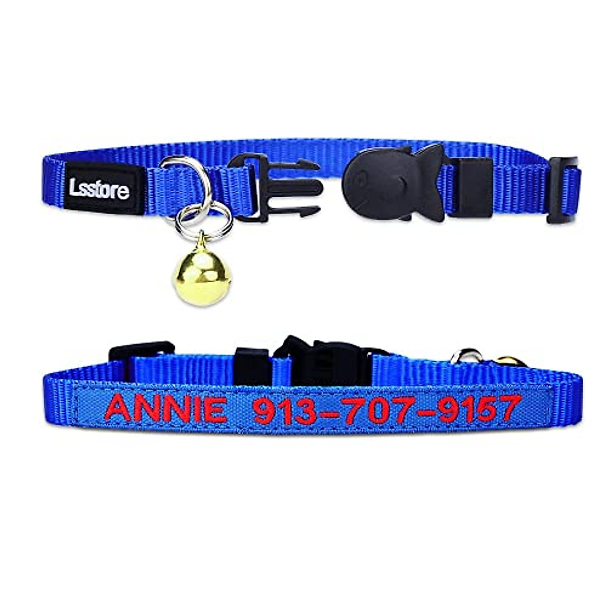 Personalized Nylon Cat Collar Breakaway with Bell - Custom Embroidered Text ID Collars with Pet Name and Phone Number