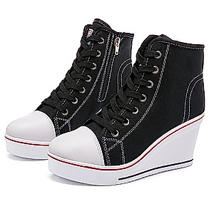 Hurriman Wedge Sneakers for Women, High Heel Platform High Top Canvas Shoes Lace up Zipper Fashion Sneakers, Tenis Zapatos de Cuña Plataforma Tacón para Mujer, Suitbale for Y2K & Harley Quinn Cosplay