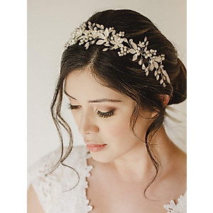 SWEETV Handmade Rhinestone Wedding Headband Flower-Leaf Bridal Headpieces for Wedding Pearl Hair Accessories (Silver)