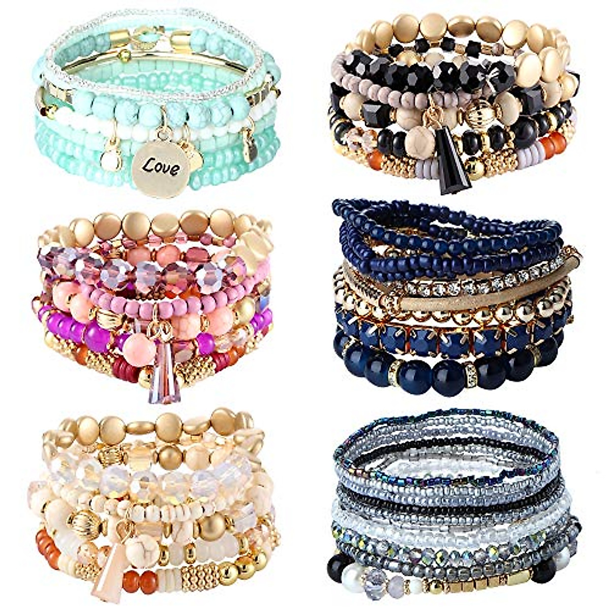 SAILIMUE 6 Sets Bohemian Stackable Bead Bracelets for Women Men Stretch Multilayered Bangles Bracelet Set Boho Multicolor Jewelry