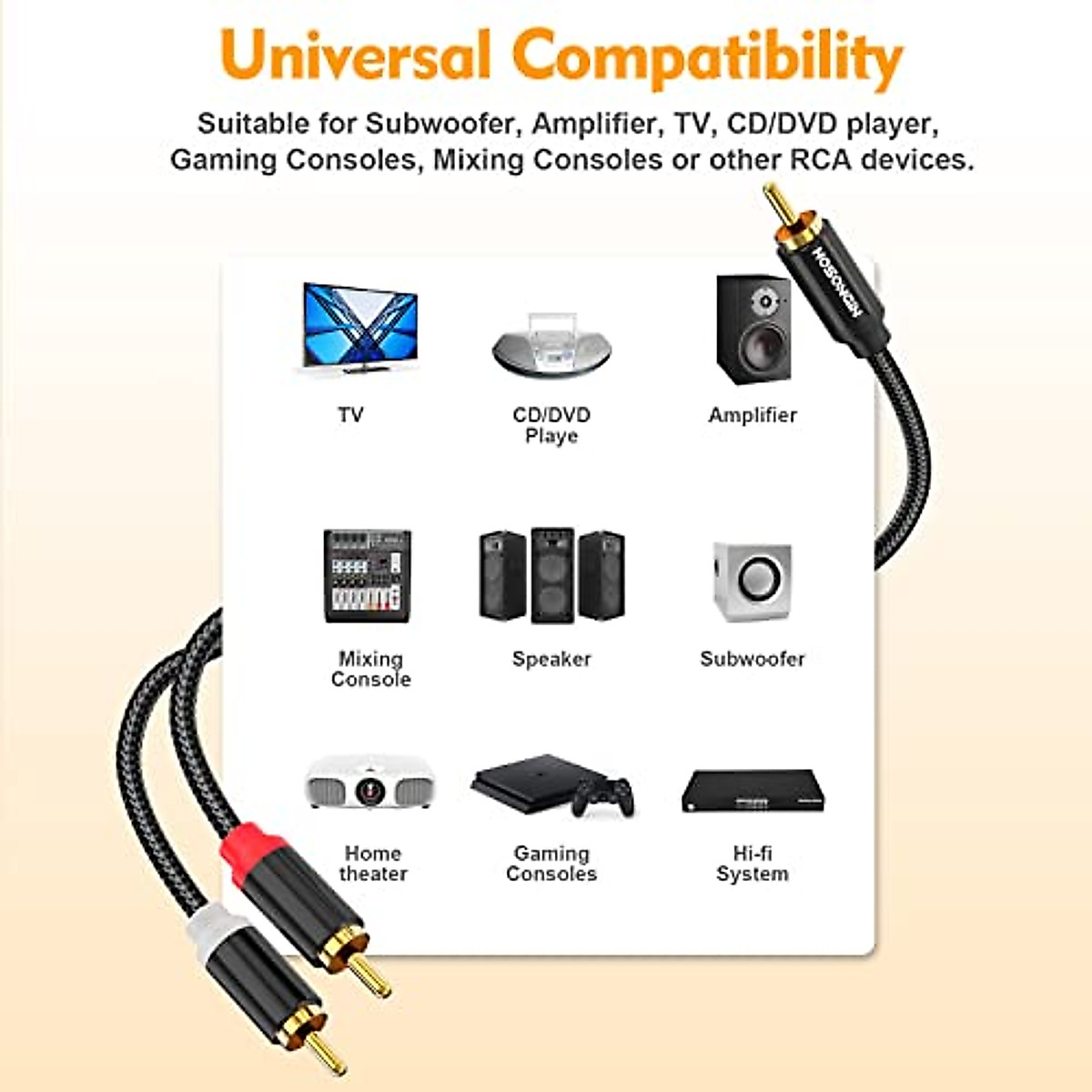 HOSONGIN RCA Y Splitter 1 Male to 2 Male Audio Cable 2 Pack, Black Cotton Braided Jacket Gold-Plated Plug Premium Shielded Audio Cable, Length 12 inch