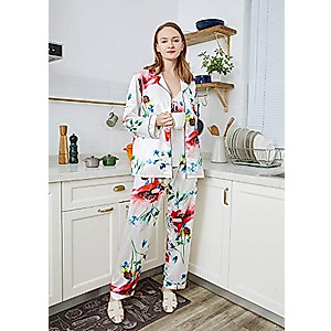 Escalier Womens 5pcs Silk Satin Pajama Set Floral Cami Pjs Sleepwear Button Down Pj Sets Loungewear White