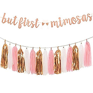 Aonor Rose Gold Mimosa Bar Bridal Shower Decorations Supplies – Glittery But First Mimosas Banner and Tissue Paper Tassels Garland for Wedding Baby Shower Party Bar Sign Decorations