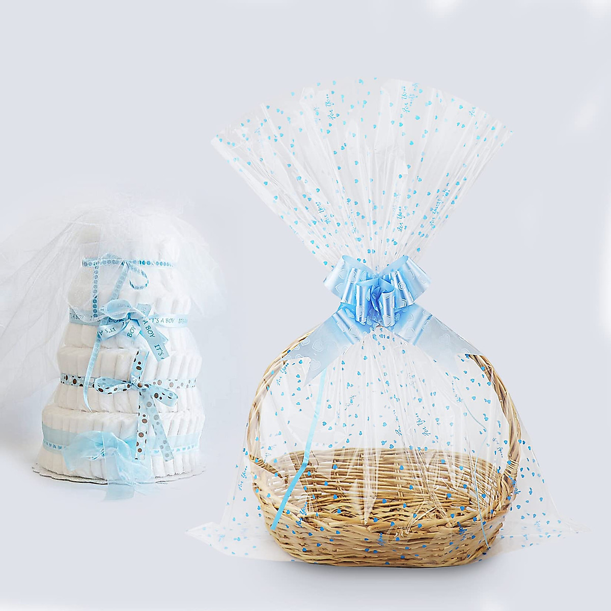 Yotelab Easter Large Cellophane Bags, Blue Heart Cellophane Wrap for Gift Basket, 22x33 Inches,10 Pieces Cellophane Gift Bags