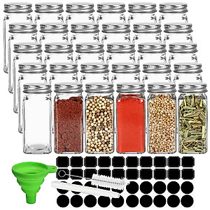 Keketin 30 Pack Glass Spice Jars 4 oz with Labels, Empty Square Spice bottles Seasoning Containers with Silver Caps and Shaker Lids(80 Black Labels,1 Funnel,1 Pen and 1 Brush Included)