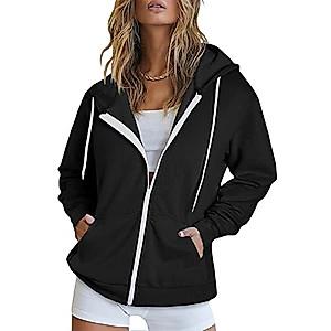 Dokotoo Women's Fall Solid Full Zip Up Black Hoodie Long Sleeve Oversized Hooded Ladies Sweatshirts Pockets Jacket Coat for Women Teen Girls 2023 Fashion Casual X-Large