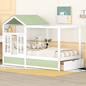 Twin House Bed with Storage Drawer for Kids Wood Cabin Tent Bed Frame for Girls Boys Montessori Beds with Roof and Window Twin Size, Green